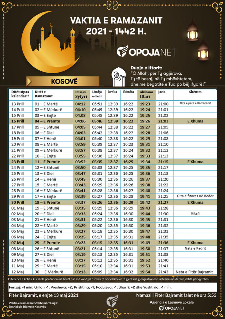Vaktia e Ramazanit 2021 – 1442 h. – Opoja.net